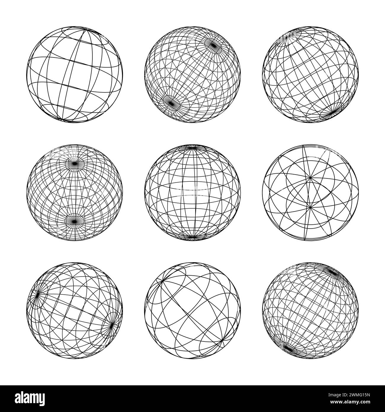 Wireframe shapes, lined sphere. Perspective mesh, 3d grid. Low poly geometric elements. Retro ...