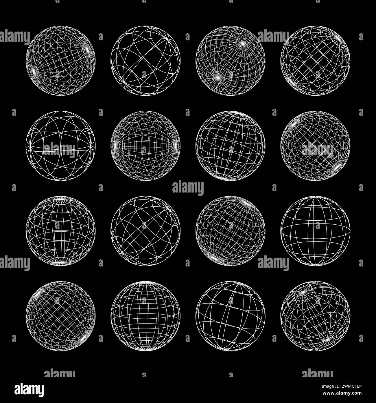 Wireframe shapes, lined sphere. Perspective mesh, 3d grid. Low poly ...