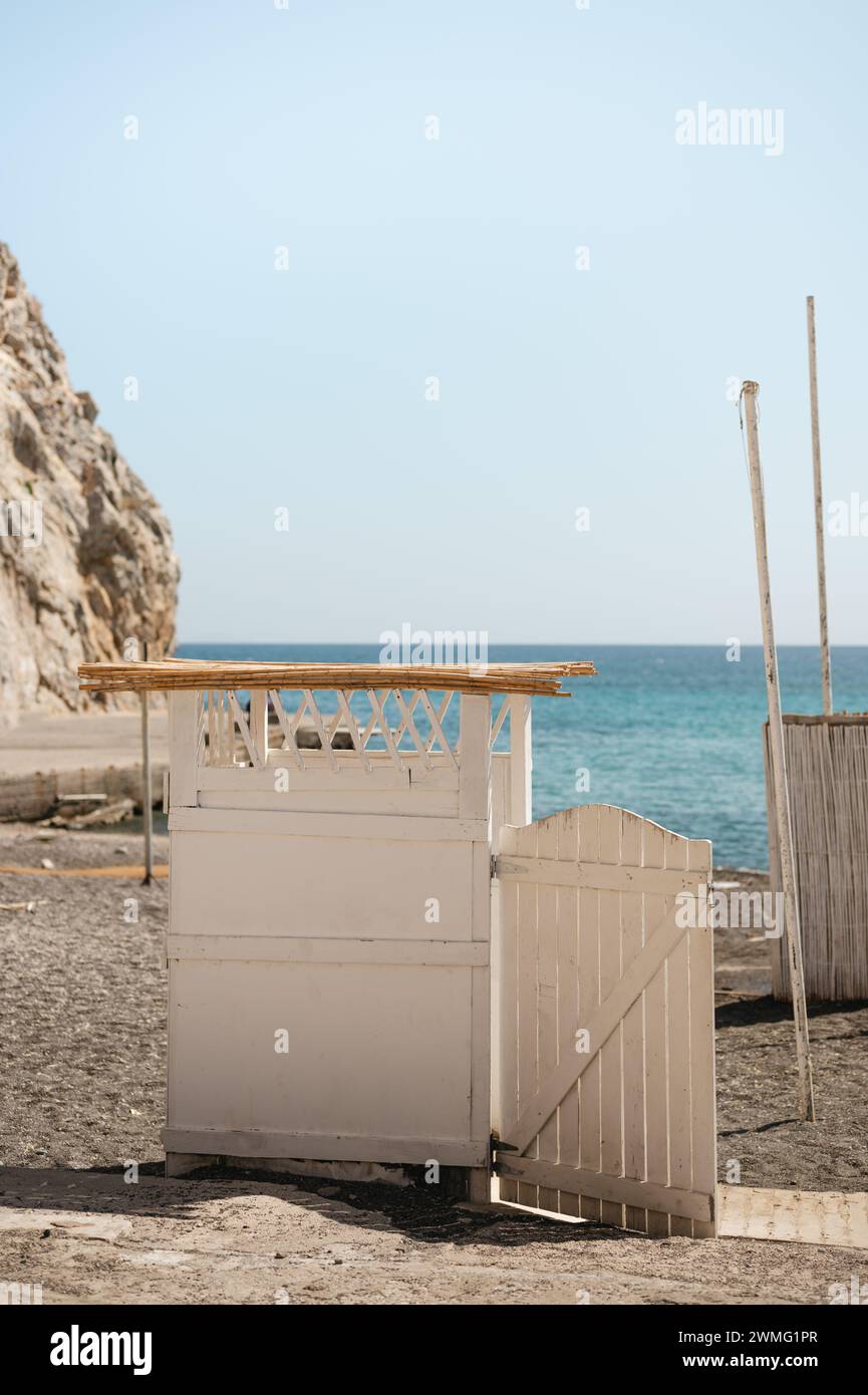 Wooden beach changing room on a beach in Santorini, Greece Stock Photo ...