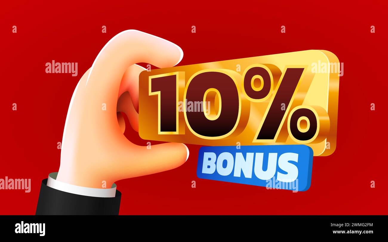 Cartoon hand hold 10 percents bonus. Cashback or prize concept. Vector ...