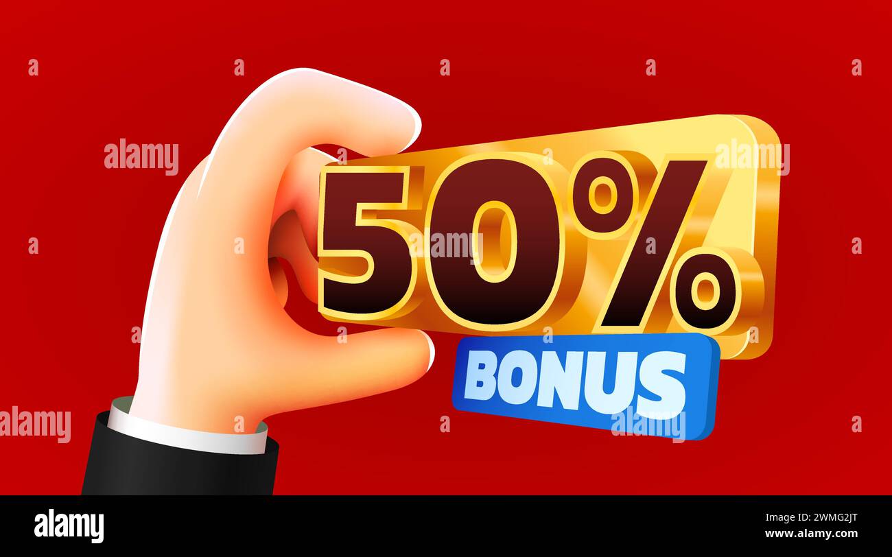 Cartoon hand hold 50 percents bonus. Cashback or prize concept. Vector ...