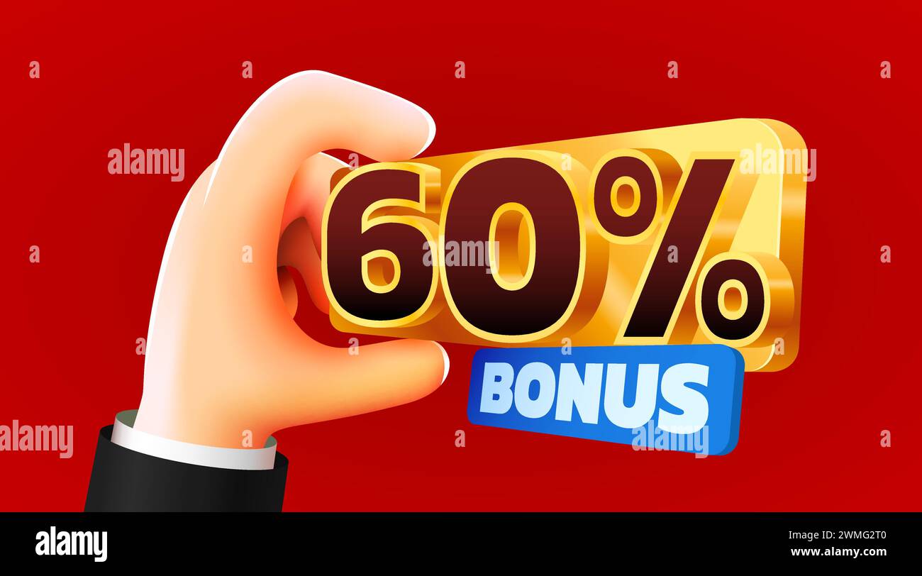 Cartoon hand hold 60 percents bonus. Cashback or prize concept. Vector ...