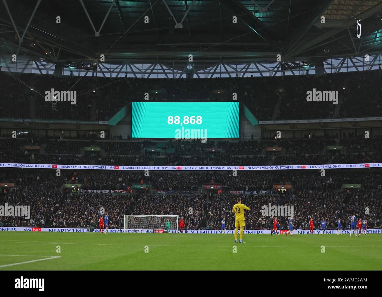 London, UK. 25th Feb, 2024. The electronic scoreboard shows the ...