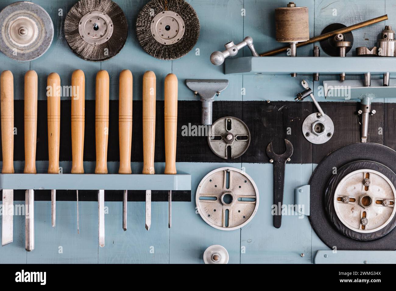 Well-organized tools on a woodworker's wall Stock Photo - Alamy