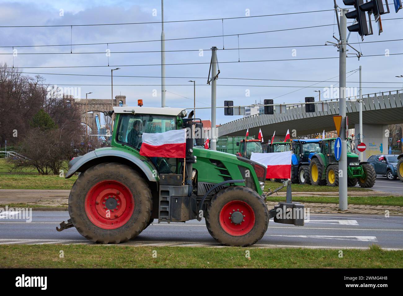 Farmers protest in Wroclaw, Poland. Protesting farmers on tractors ...