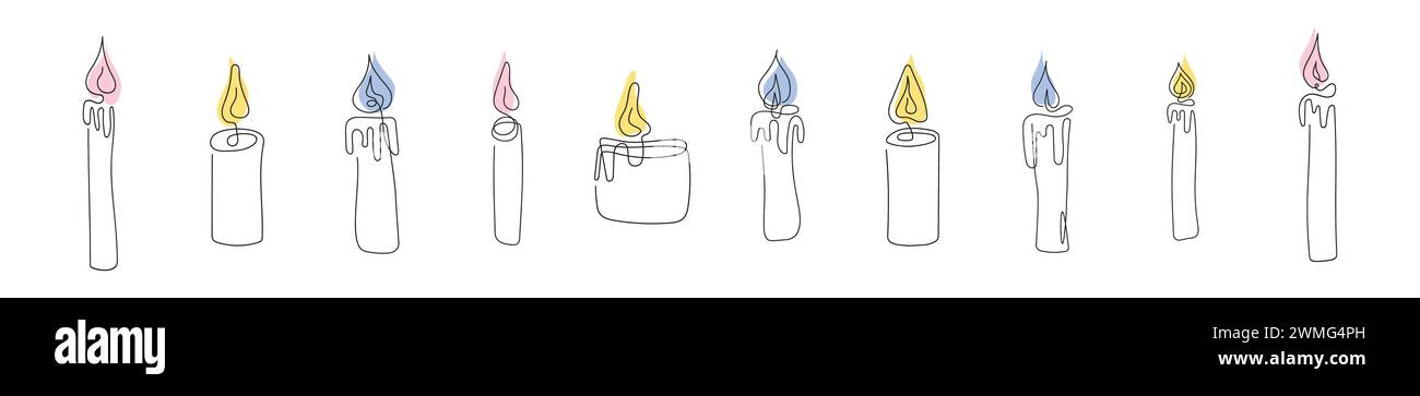 Set of colorful wax candles with flames. Burning decorative aroma ...