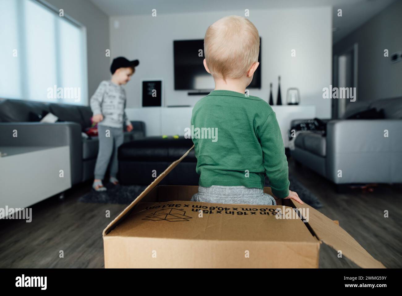 Rear view of little boy standing in cardboard box Stock Photo - Alamy