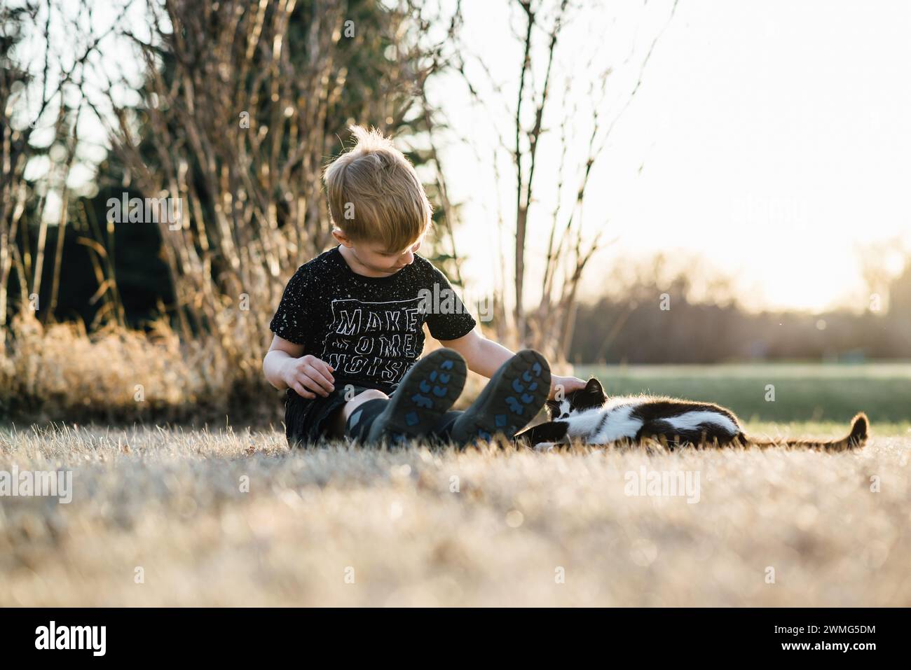 Low front view of young boy sitting on grass petting happy cat Stock ...