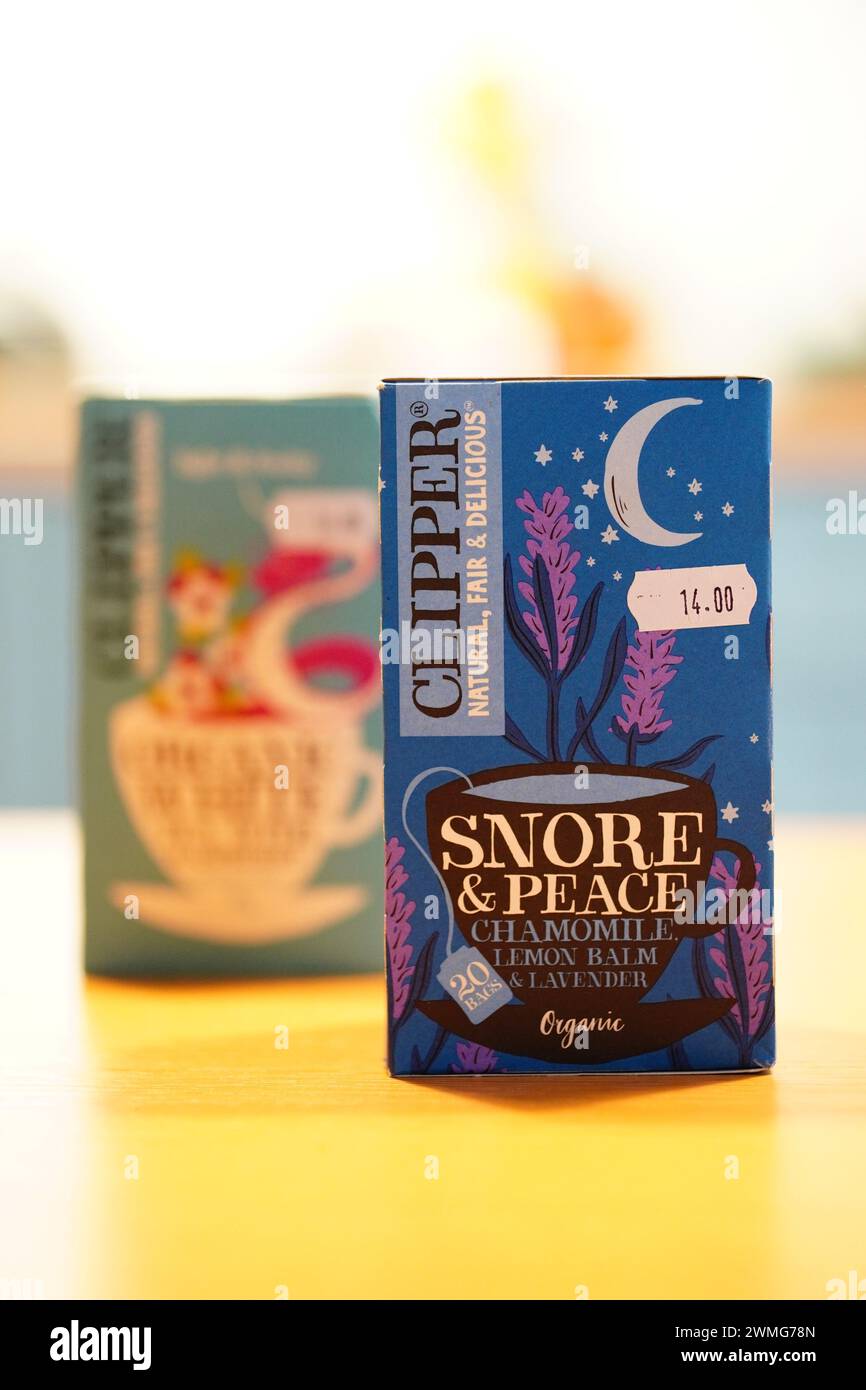 A box of Snore and Peace Organic Chamomile Herbal Tea Stock Photo - Alamy