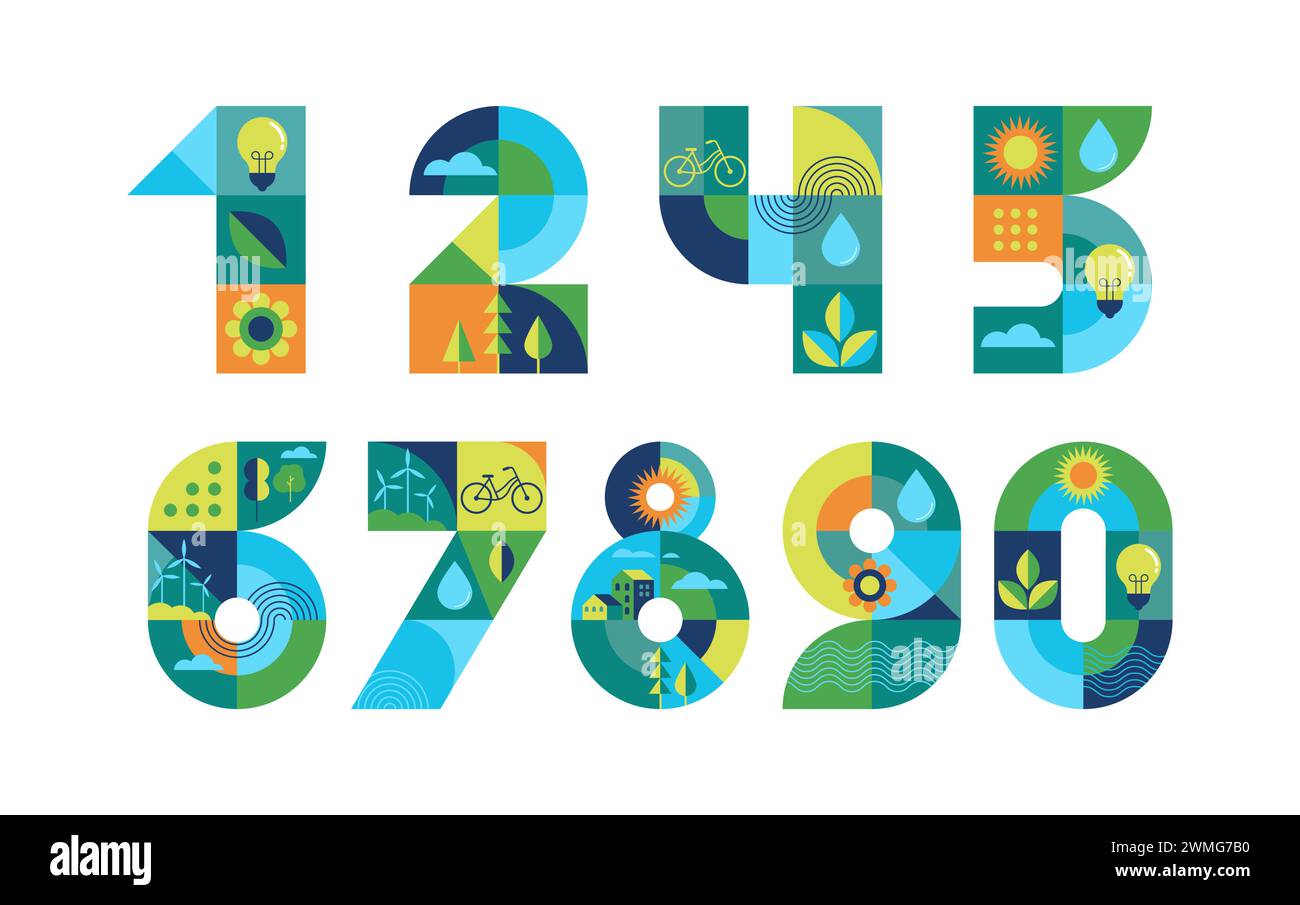 Ecology, green, environmental numbers with icons of sustainability ...