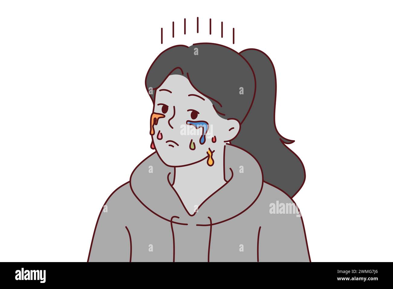Crying teenage woman with depressed grimace and multi-colored tears ...