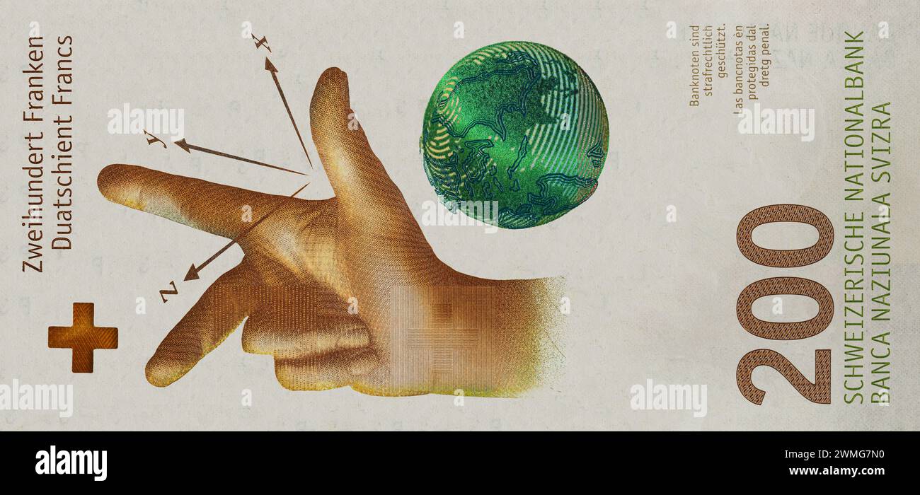 Closeup of 200 Swiss franc banknote. Elements for design purpose on ...