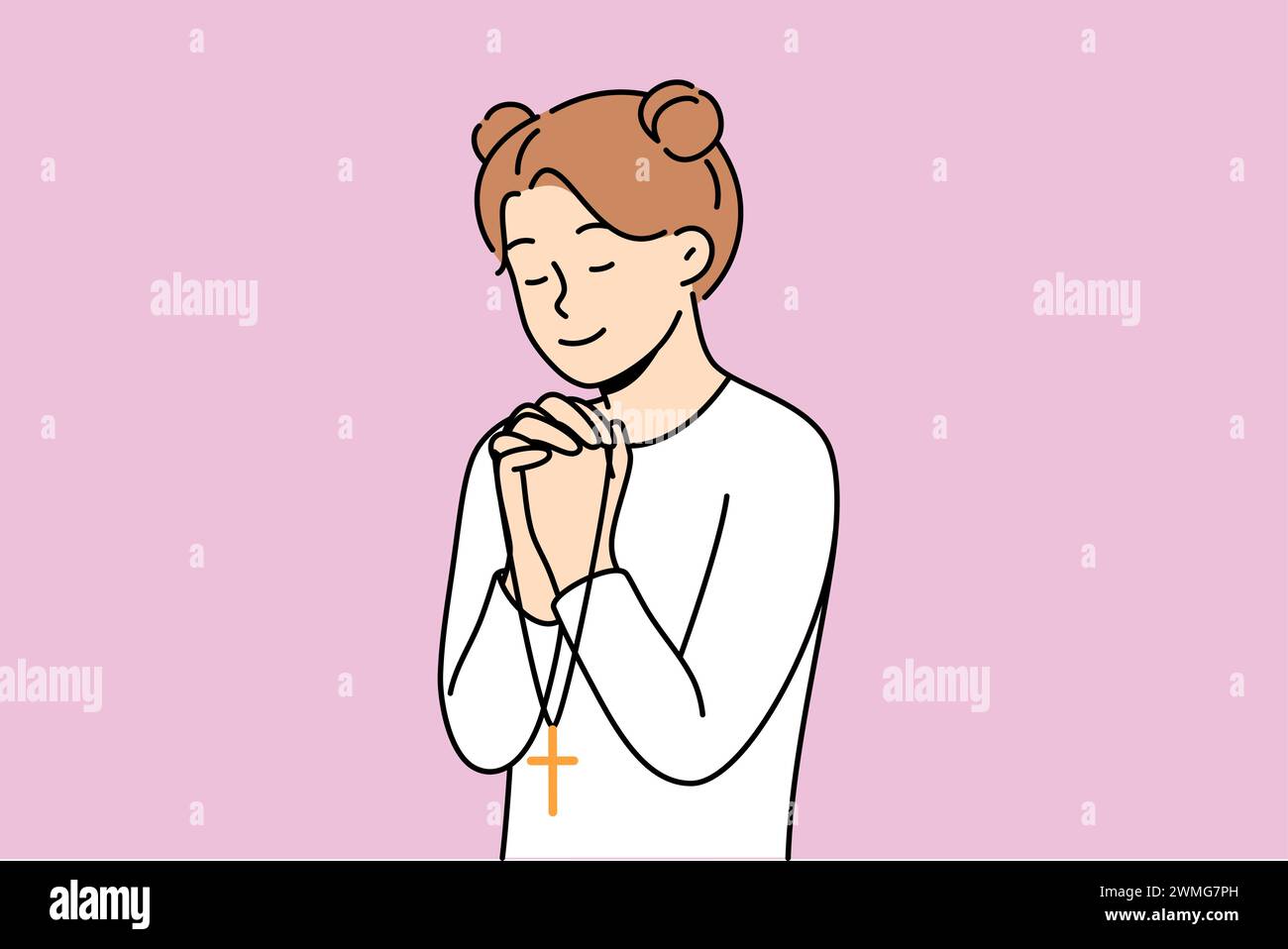 Little girl reads prayer, crossing palms near chest and holding ...