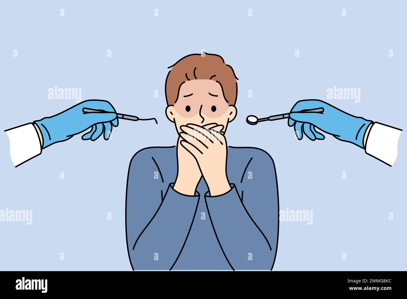 Man suffering from dentophobia closes mouth and stands near hands with ...
