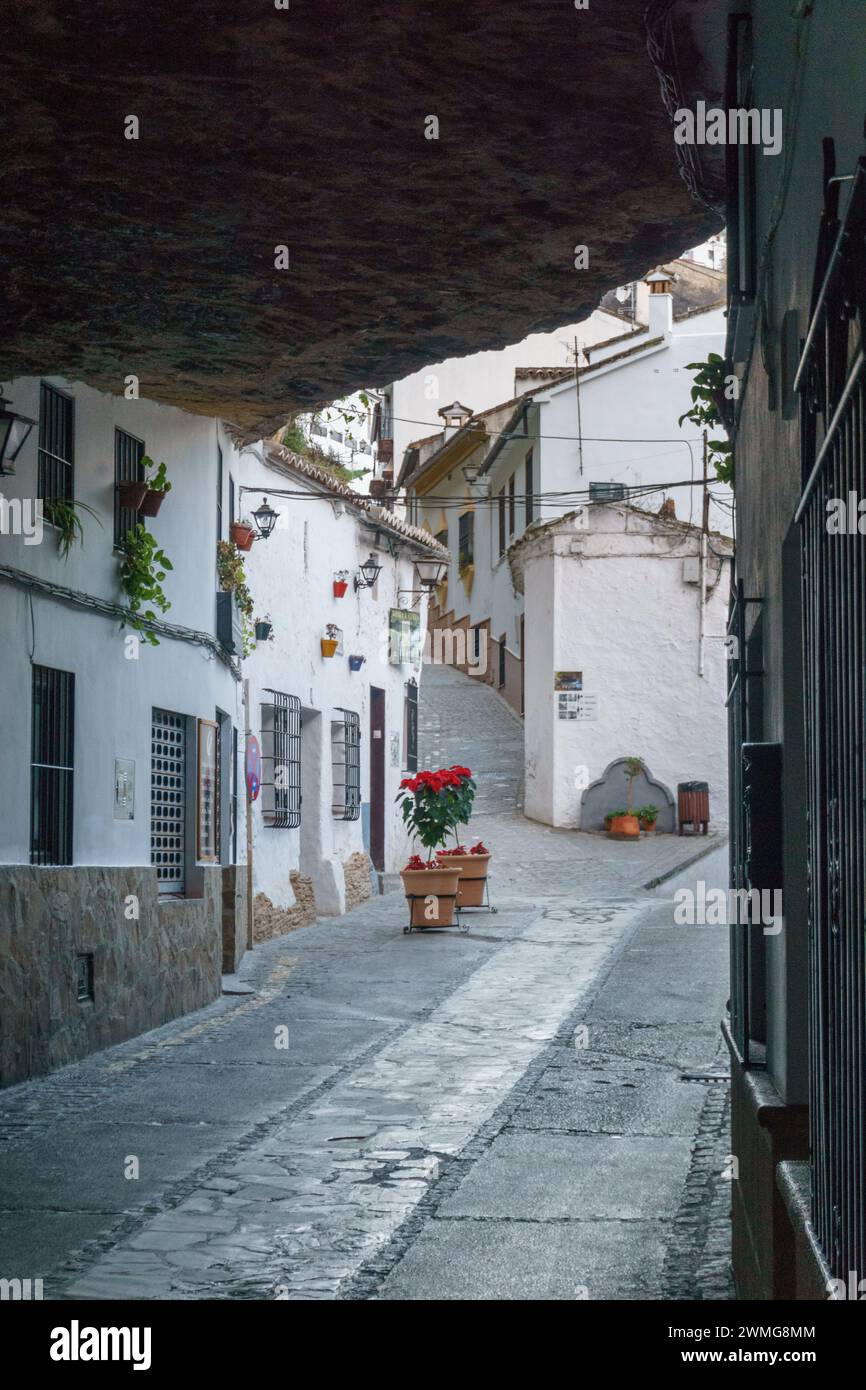 Typical andalusian village with white houses and street with dwellings ...