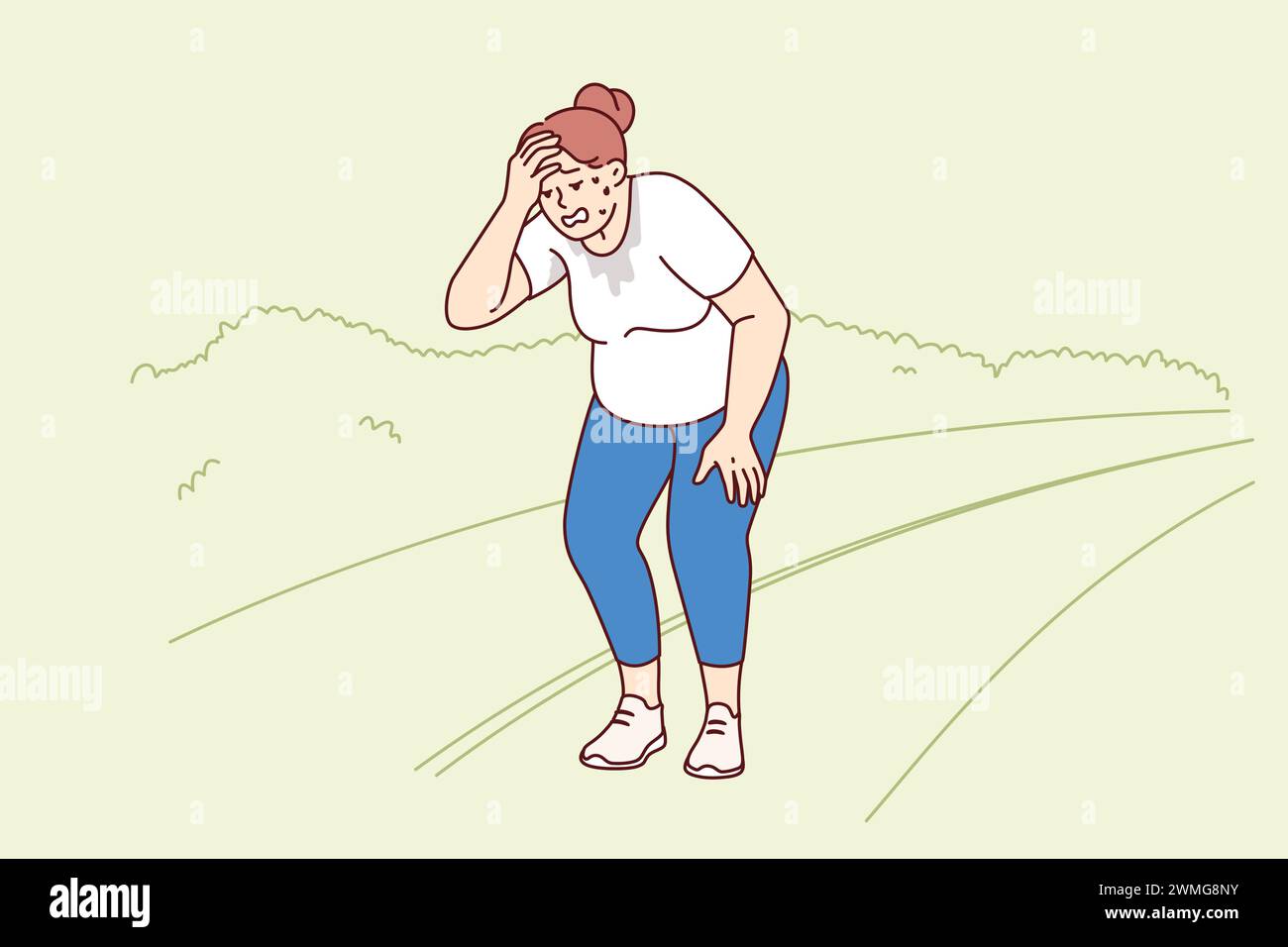 Tired woman runner takes break due to weak cardio system or leg pain ...