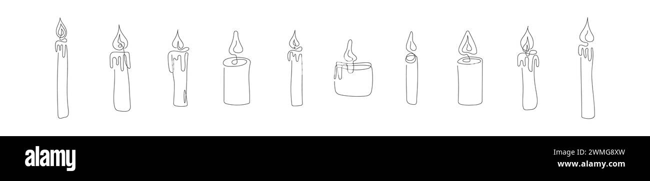 Set of wax candles with flames. Burning decorative aroma candles ...