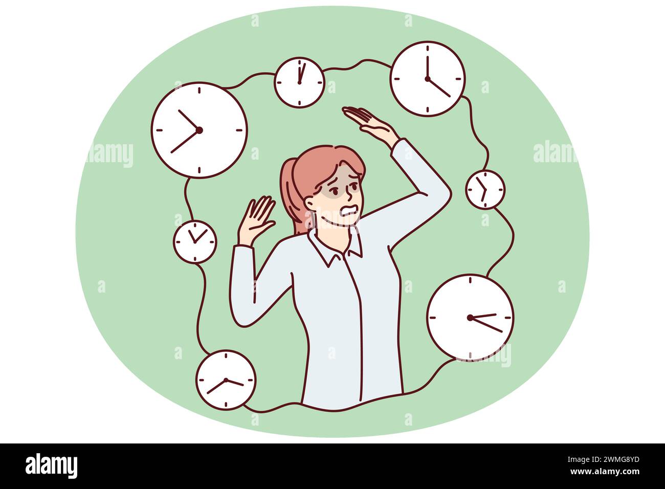 Frightened woman screaming and raising hands standing among clocks ...