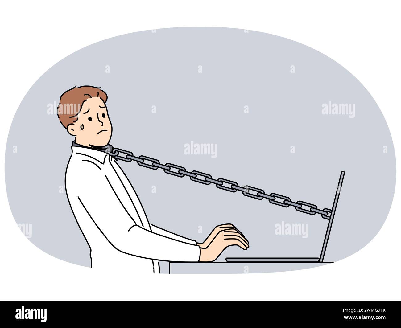 Stressed male employee tied with chain to computer in office. Unhappy ...