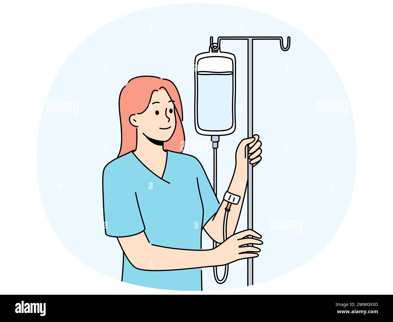 Happy woman with intravenous saline drip in hospital. Smiling female ...