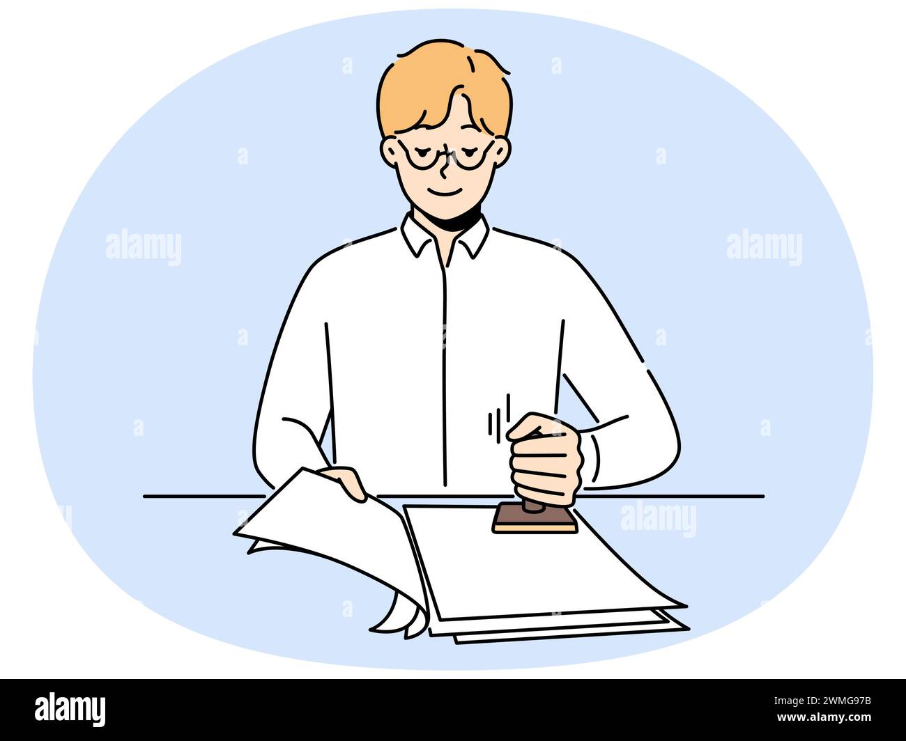 Male notary stamping documents in office. Smiling man worker sign with ...