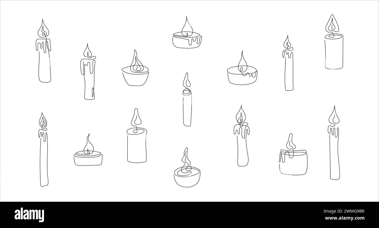 Set of various candles with flames in line art style. Burning decorative candles. Continuous one ...