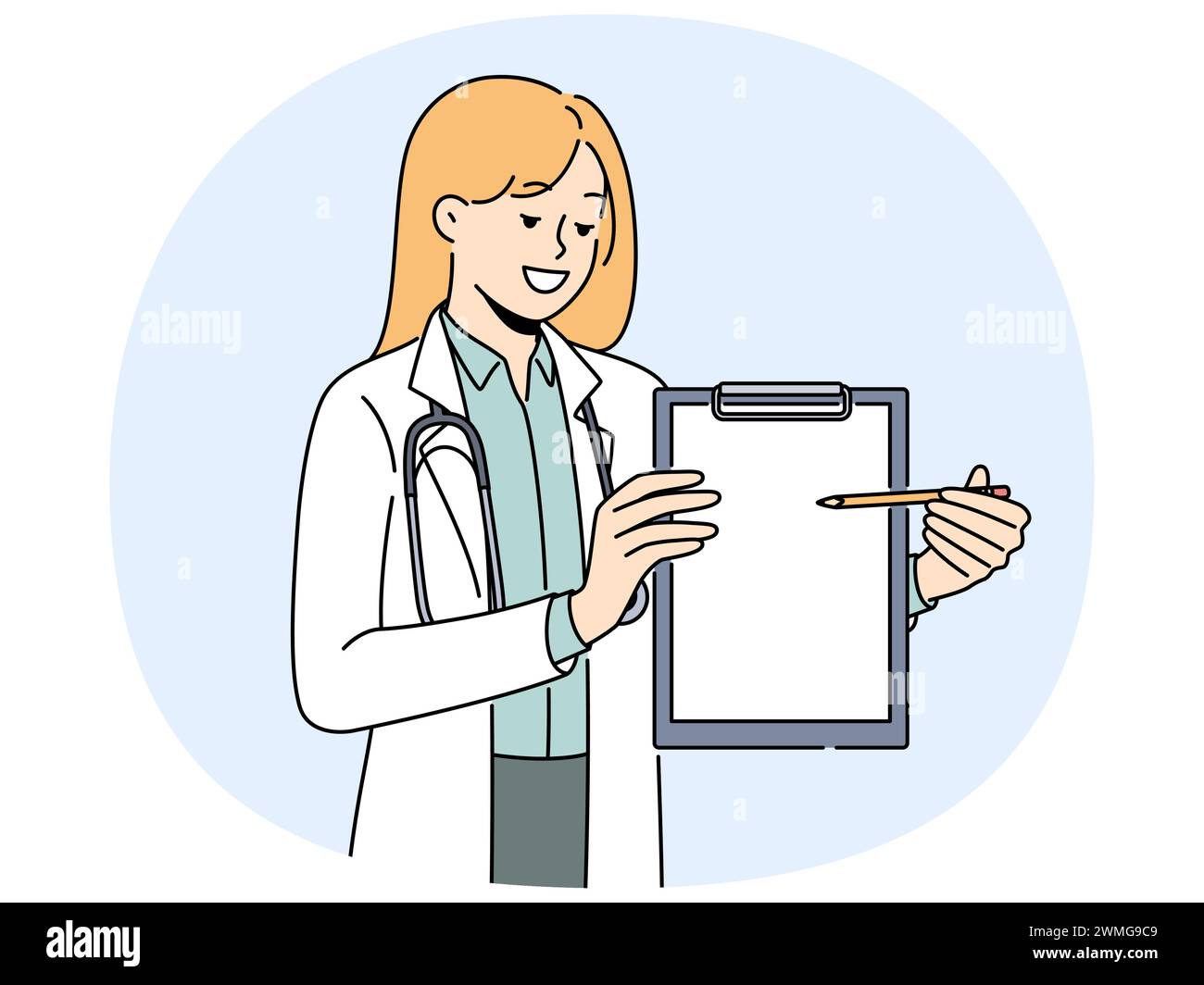 Smiling female doctor in white medical uniform point at blank mockup ...