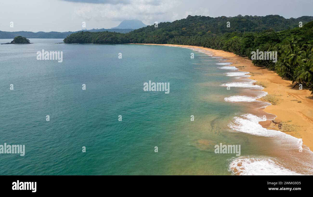 Aerial view from Praia Grande a nesting from turtles, on Prince island ...