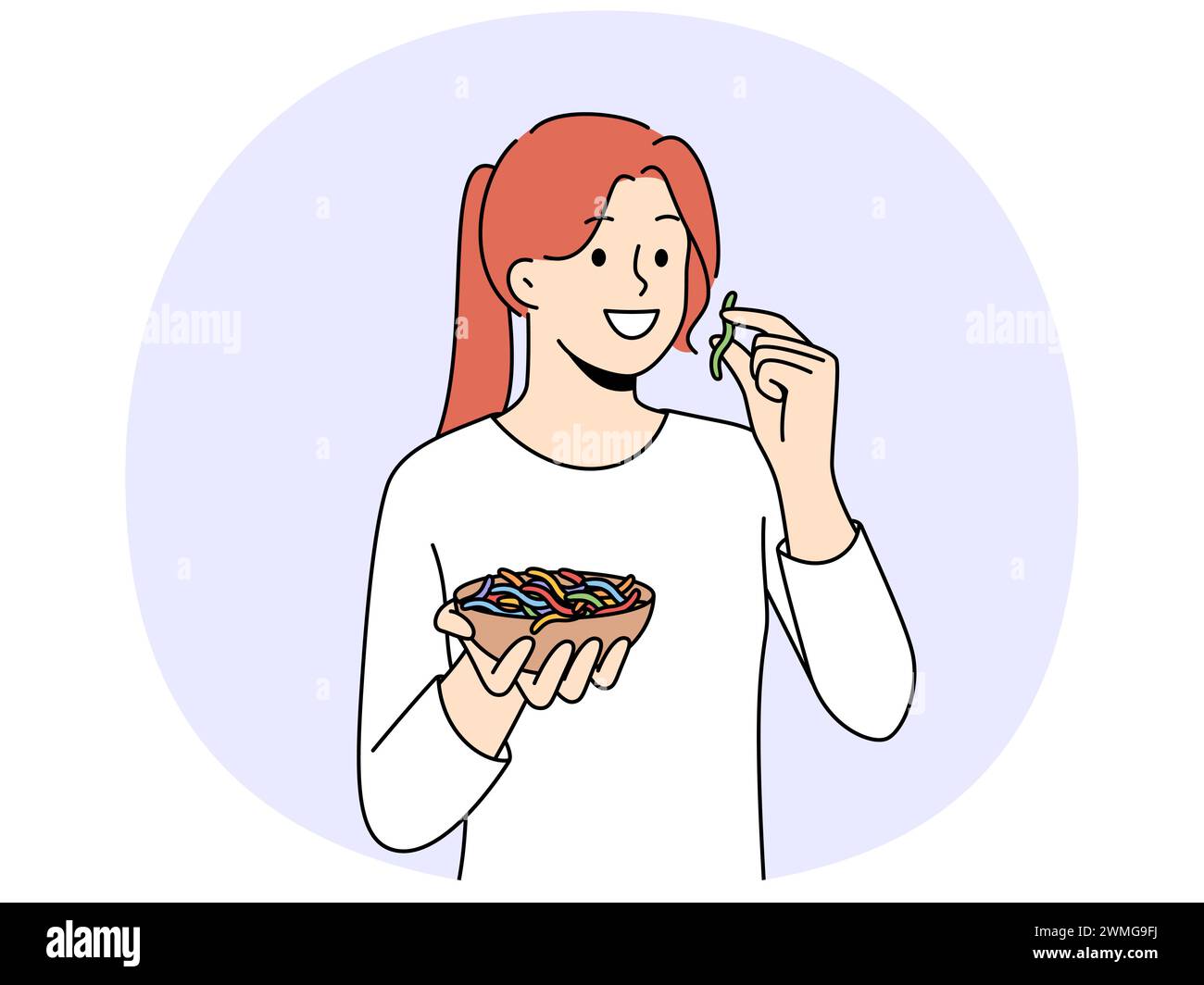 Smiling girl eating colorful gummy worms from bowl. Happy woman taste ...