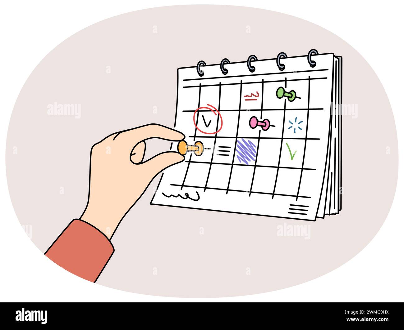 Person hand attach pin on calendar hanging on wall. Businessperson make ...