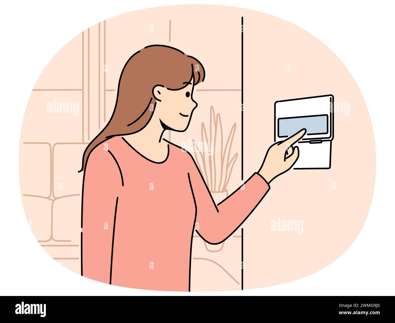 Smiling woman using smart home system on apartment wall. Female renter ...