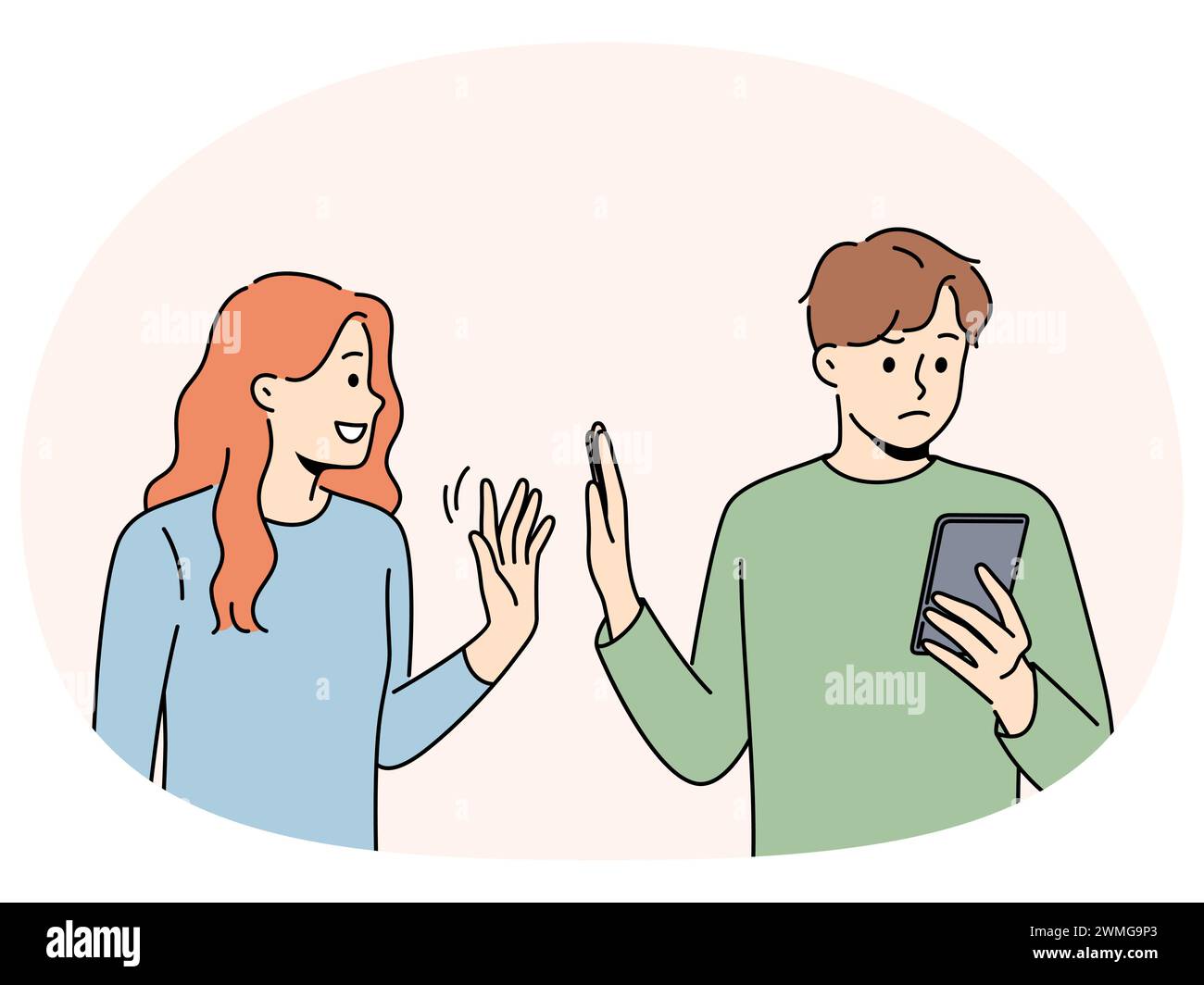 Man reject smiling loving woman showing attention. Busy guy using ...