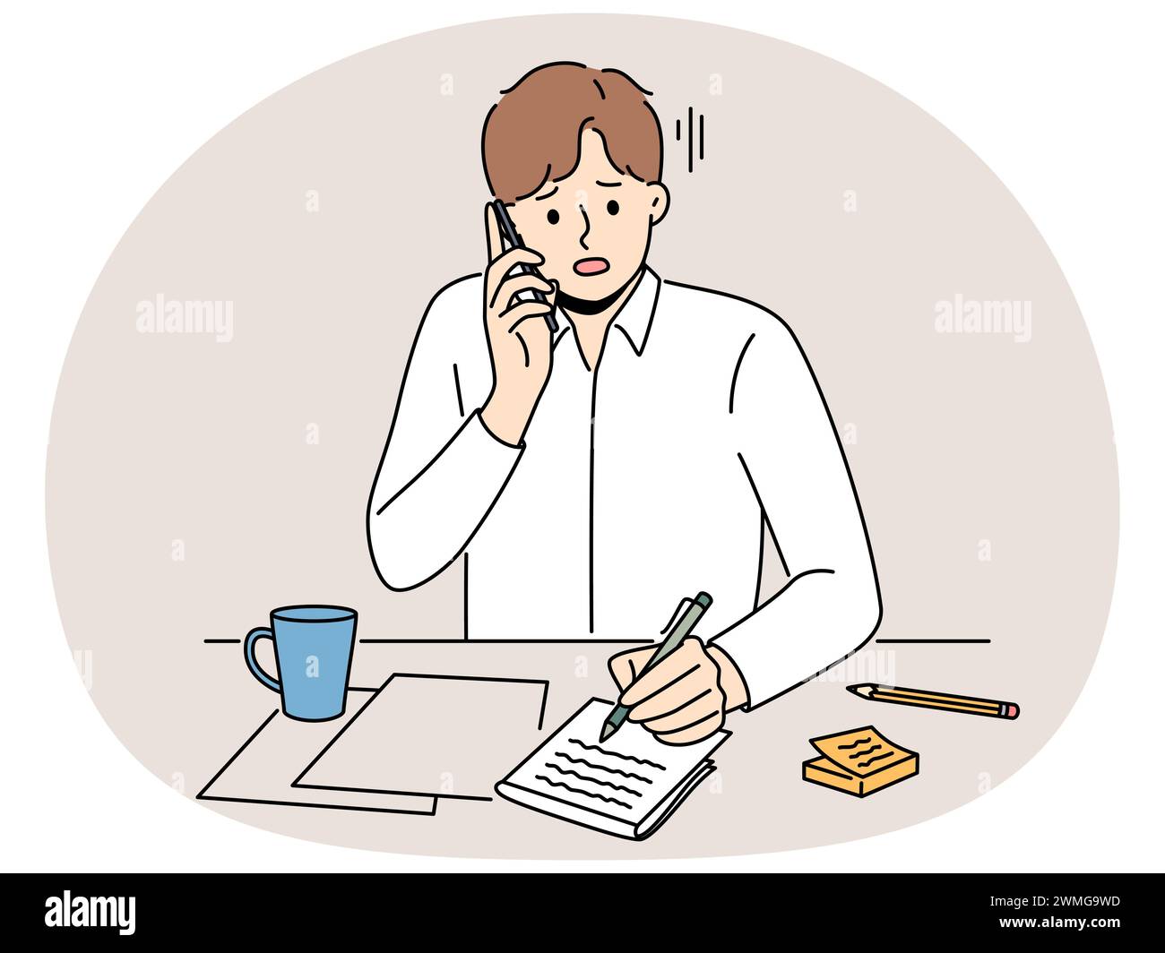 Unhappy man sit at desk talk on phone taking notes. Upset guy feel ...