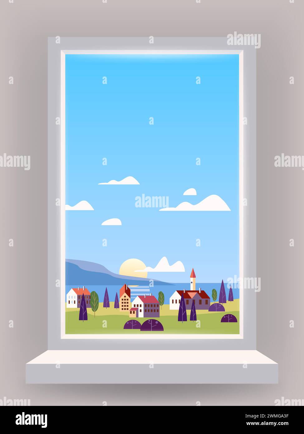 Window view interior, minimal landscape, sea, ocean, coastal town ...