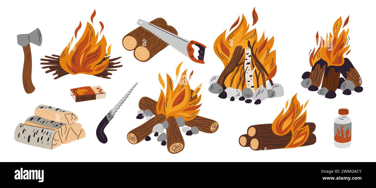 Different bonfires types. Burning campfires. Brushwood and firewood ...