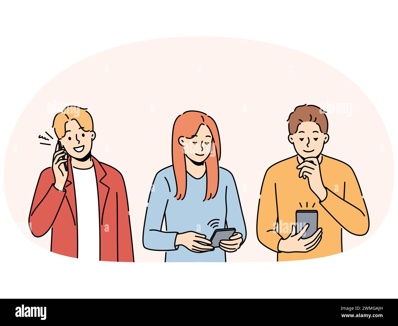 Diverse people use gadgets communicate online. Group of multiracial men ...