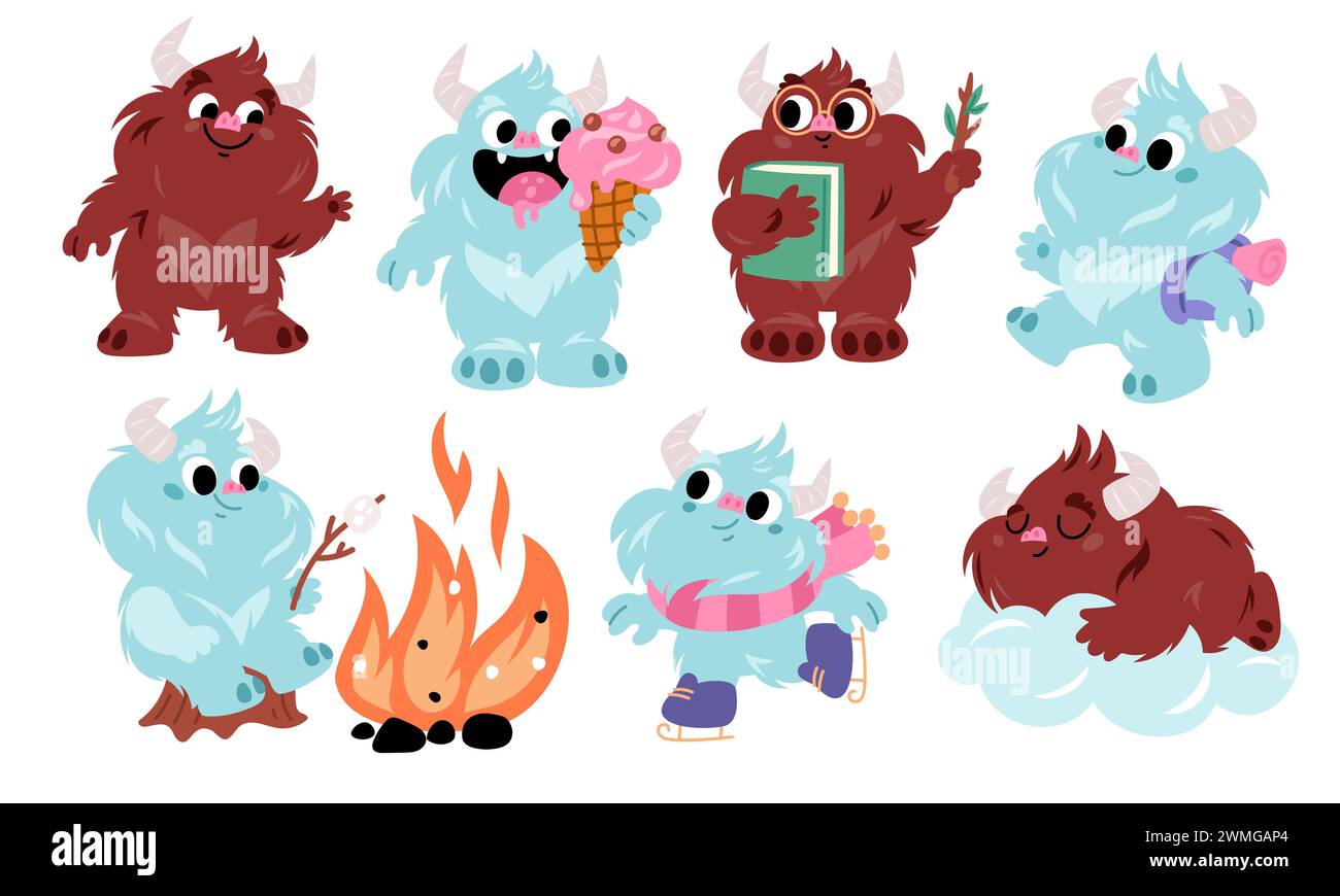 Cartoon bigfoot characters. Fantasy humanoid creatures. Fluffy yeti ...