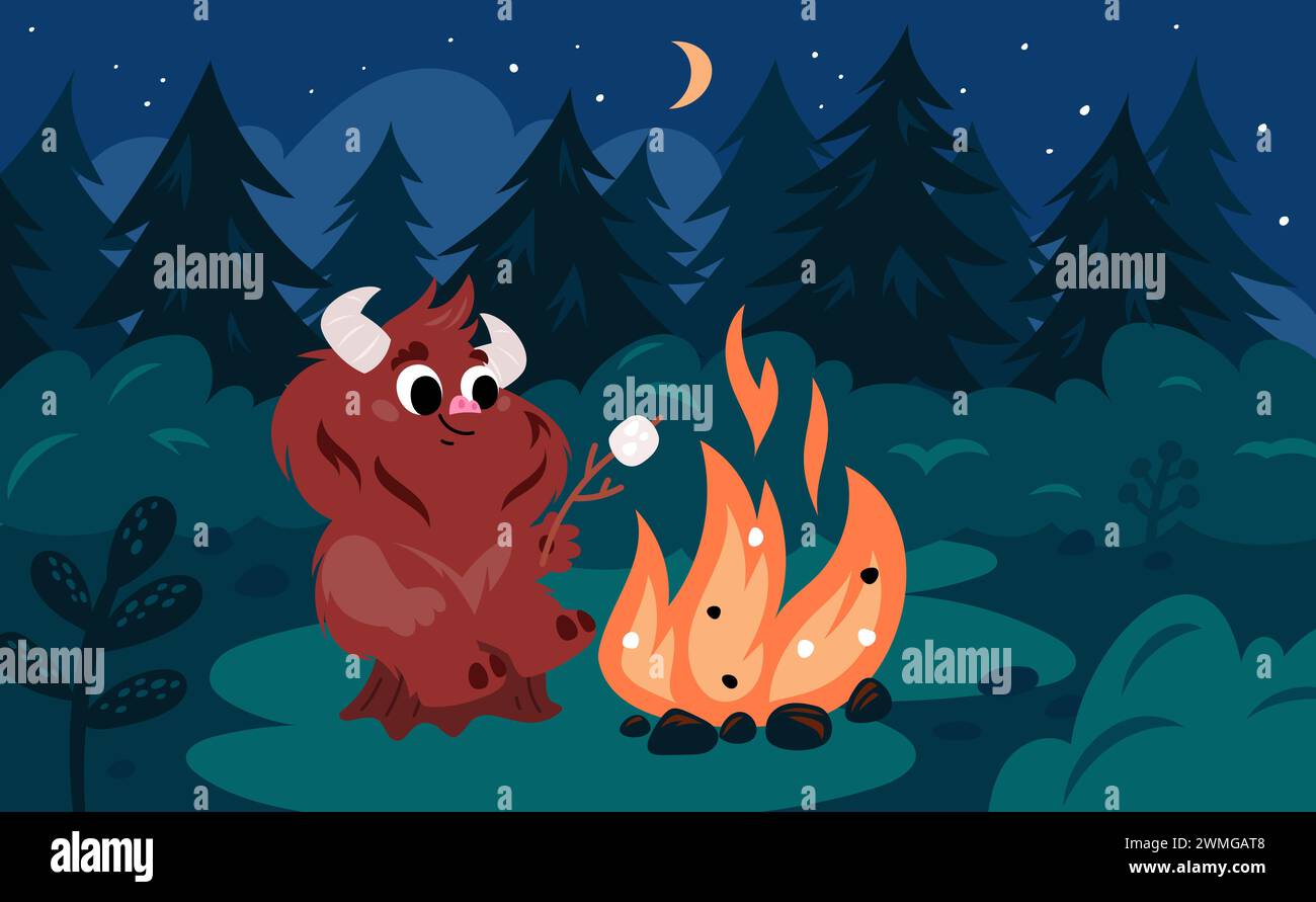 Cartoon funny bigfoot in forest. Cute brown sasquatch roasts ...