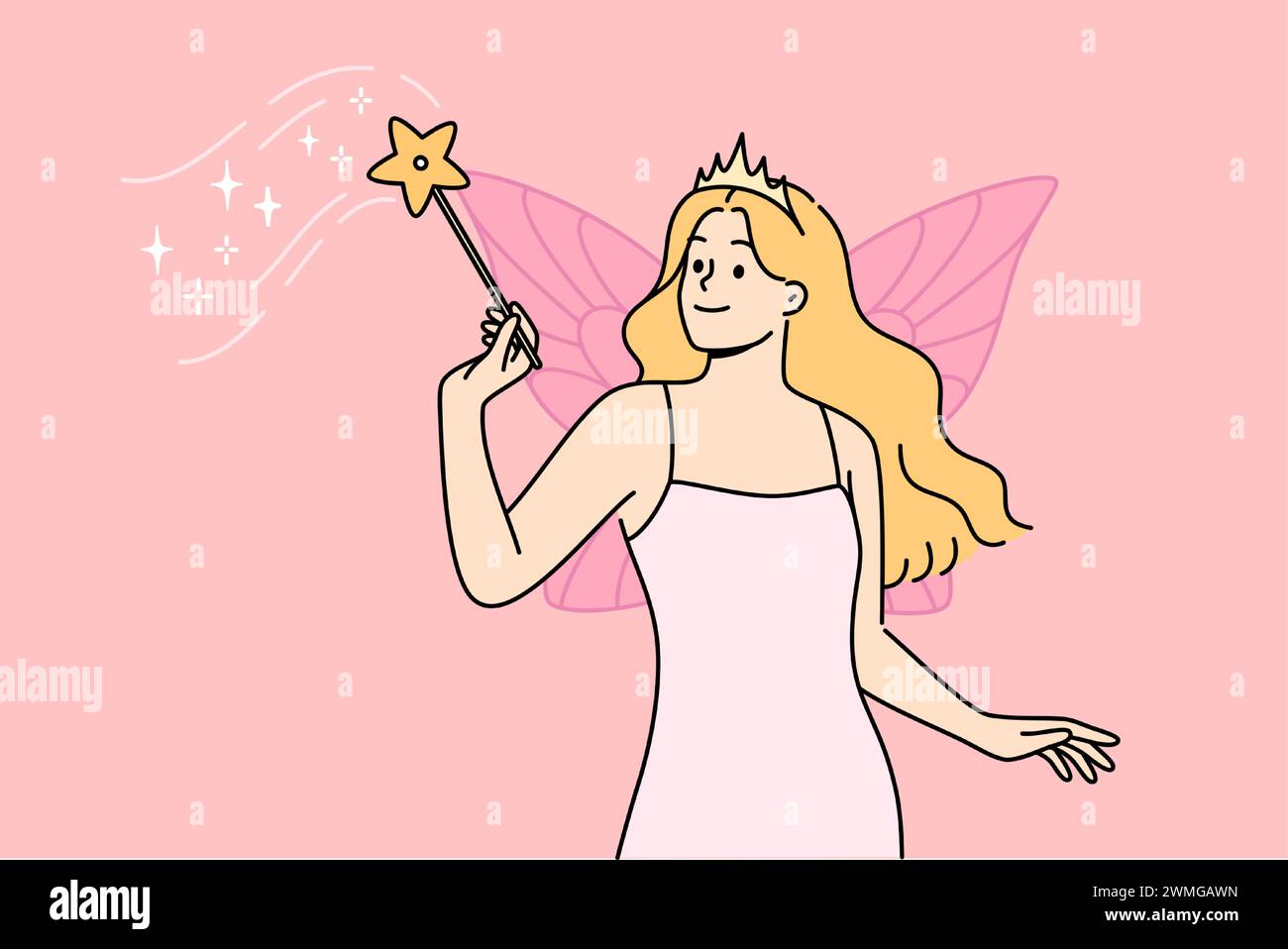Fairy woman with magic wand performs sorcery, standing with wings ...