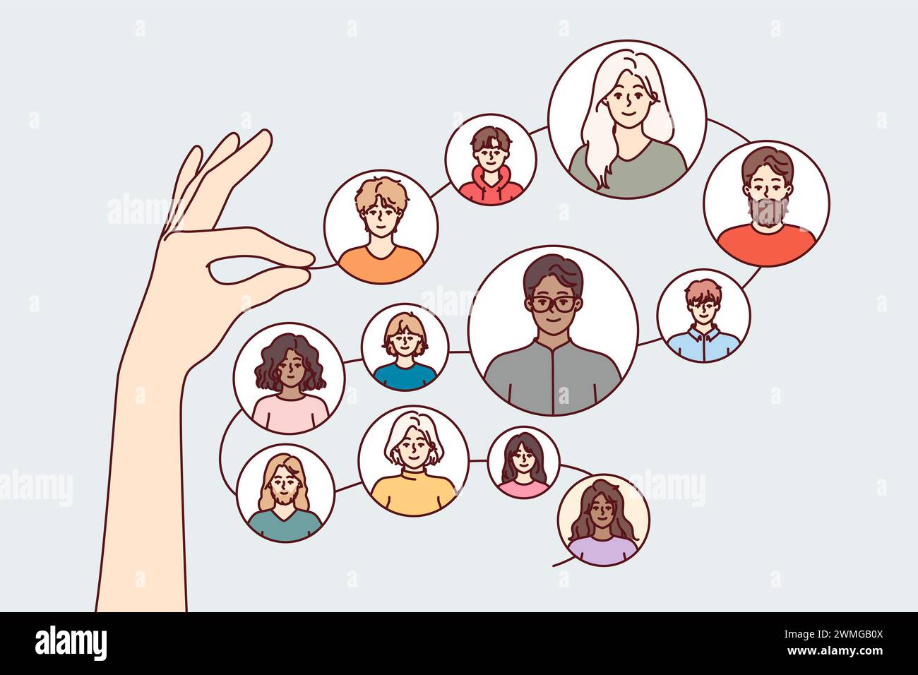 Networking connections between different people, in hands of person ...