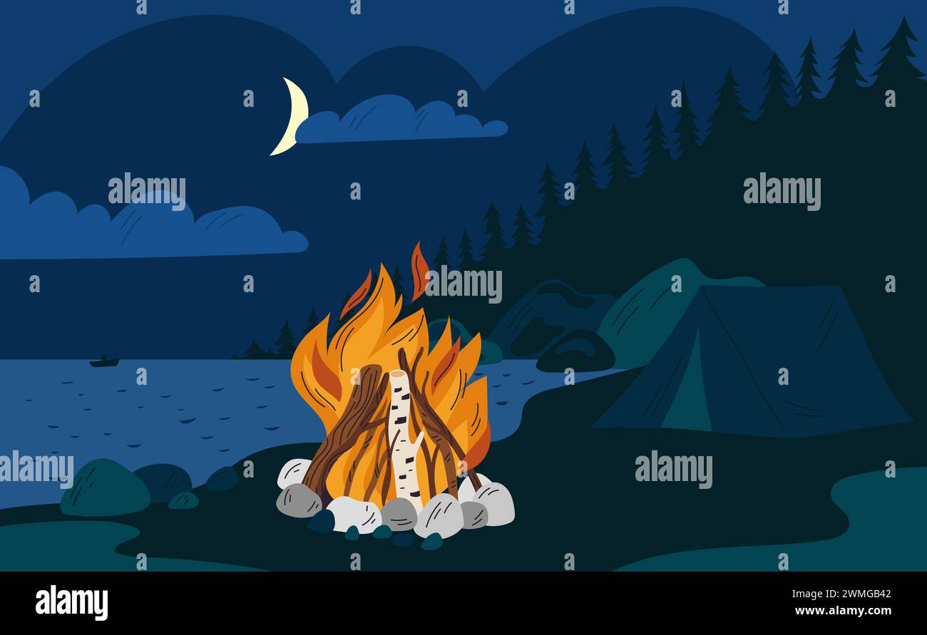 Bonfire in night forest. Tent on river bank. Burning campfire. Outdoor ...