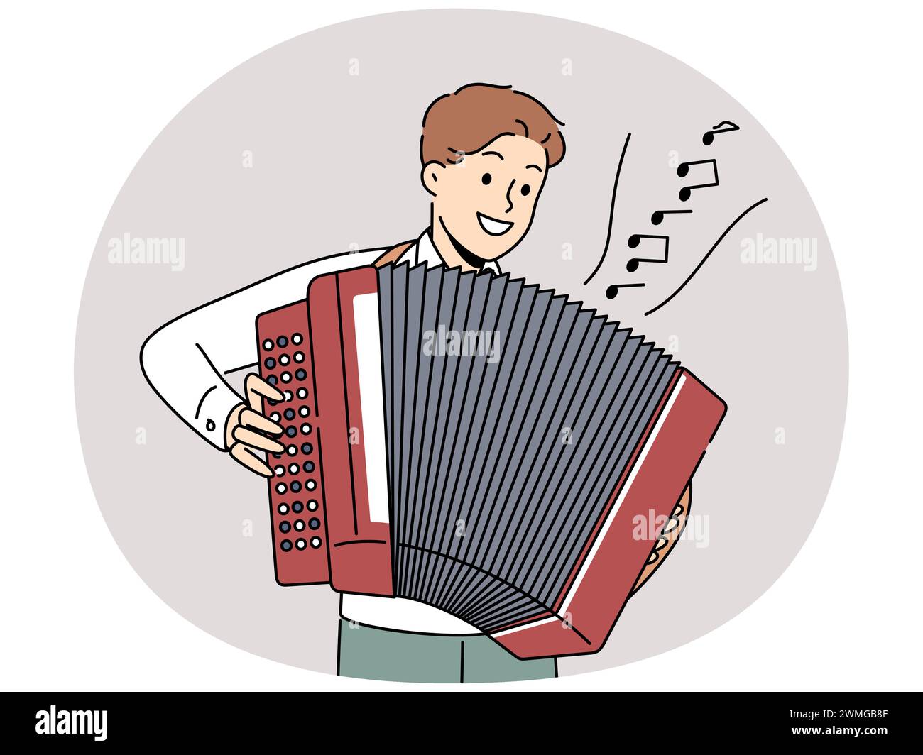 Smiling man playing on accordion. Happy male play music on traditional ...