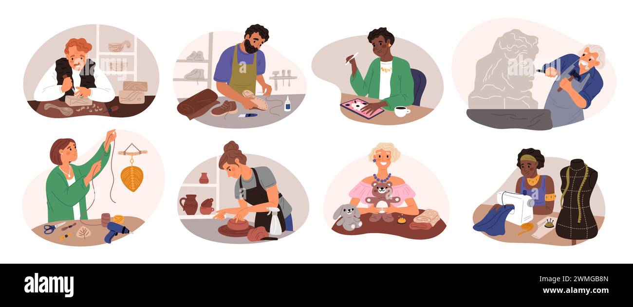 Artists and artisans. Creative people make handmade crafts. Clay sculpt ...