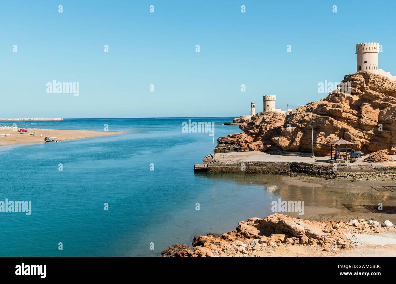 Landscape of the bay of Sur with Al Ayjah Lighthouse and fort on the ...