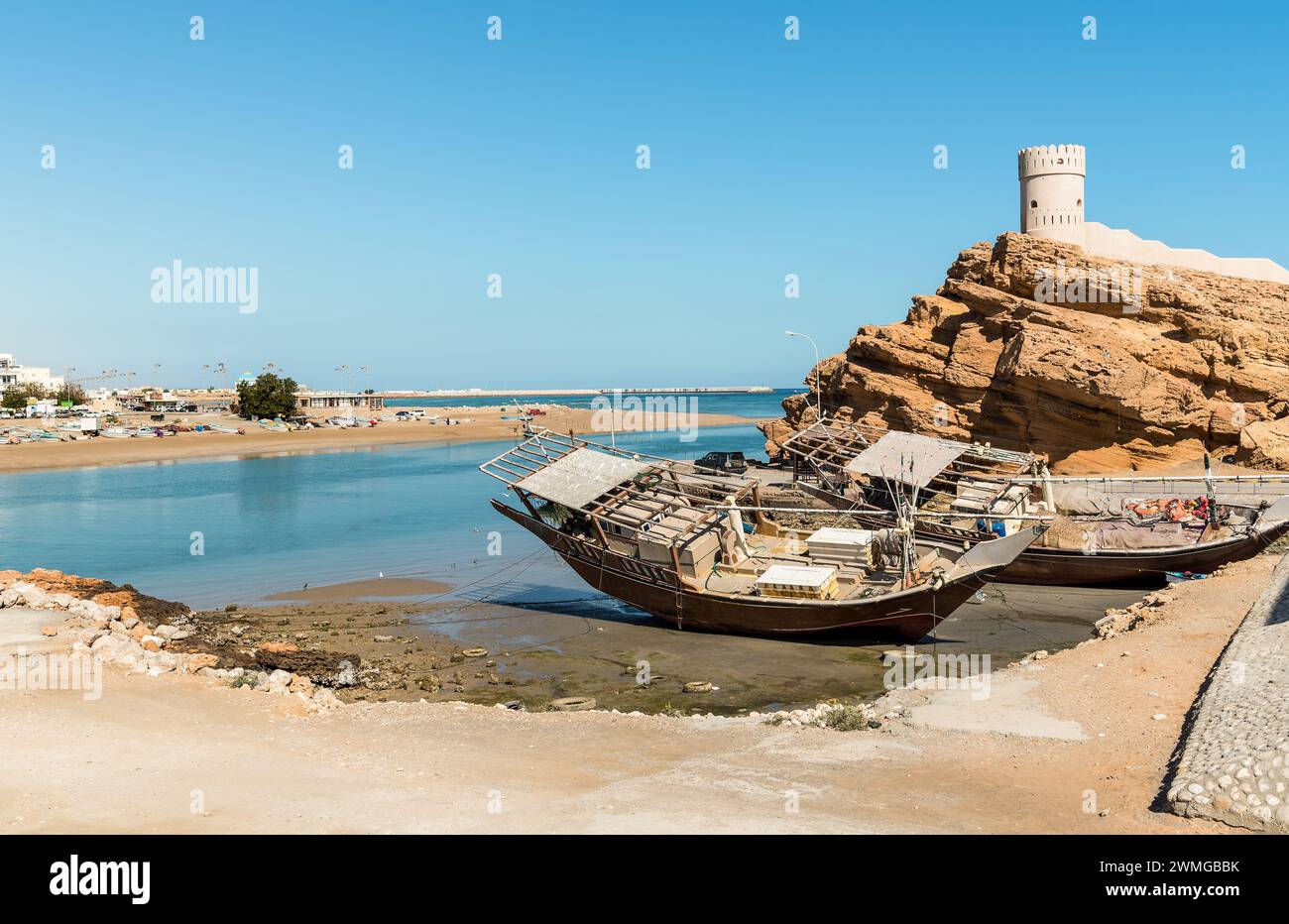 Landscape of the bay of Sur with the fort on the rock, Sultanate of ...