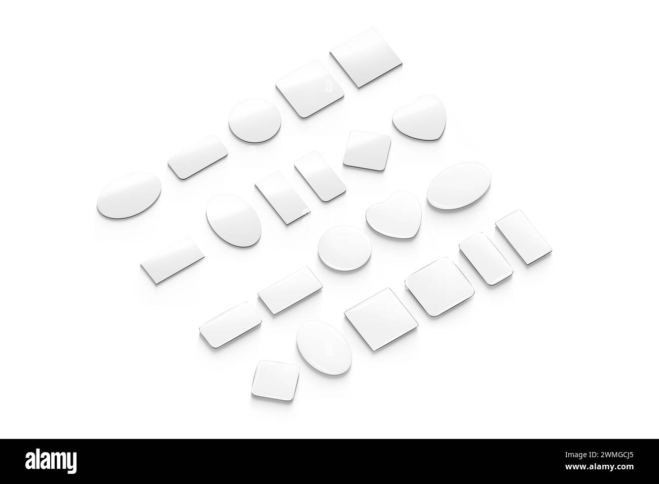 Blank white fridge magnet mockup, different shape, side view, 3d ...