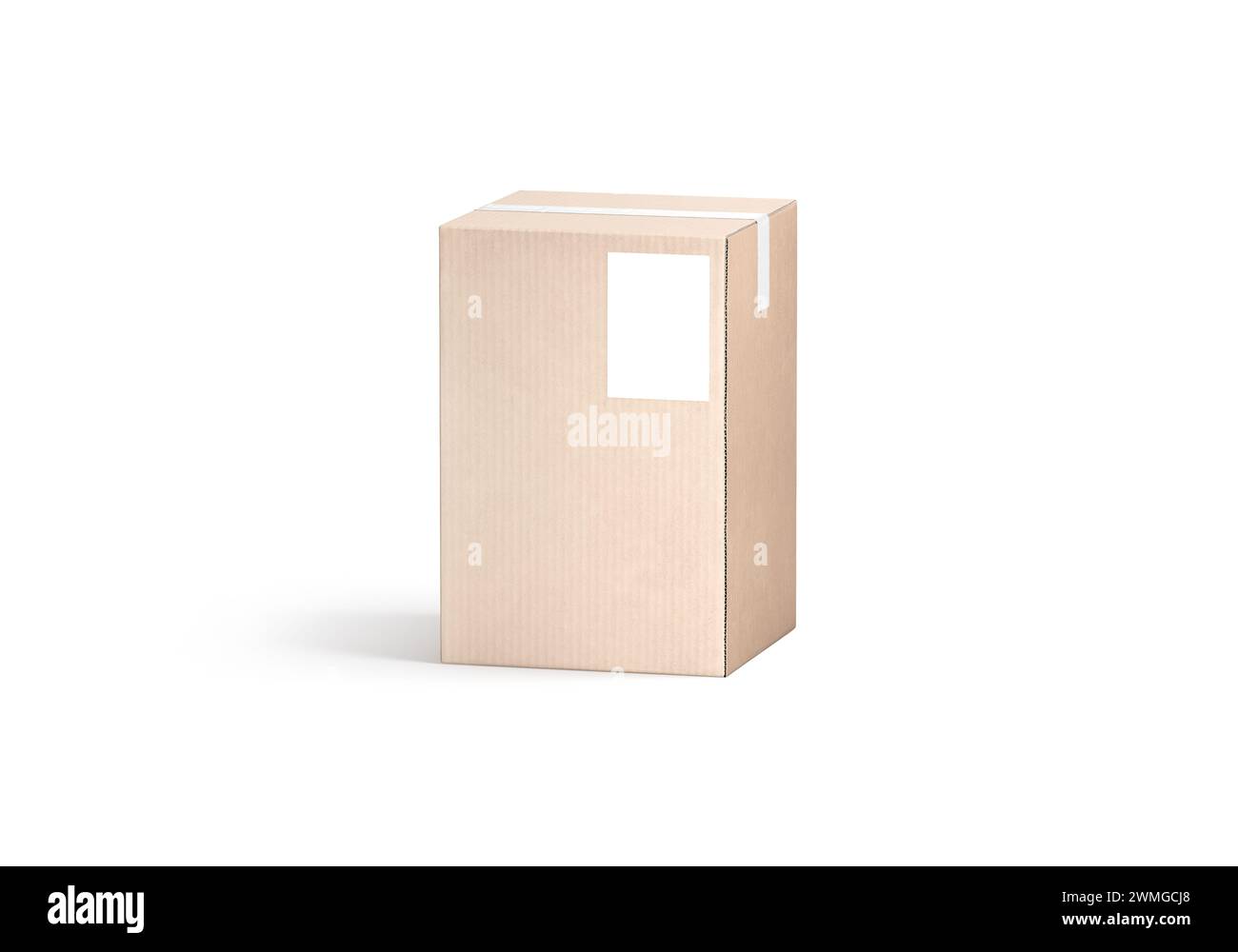 Blank white shipping label on craft box mockup, front view, 3d ...