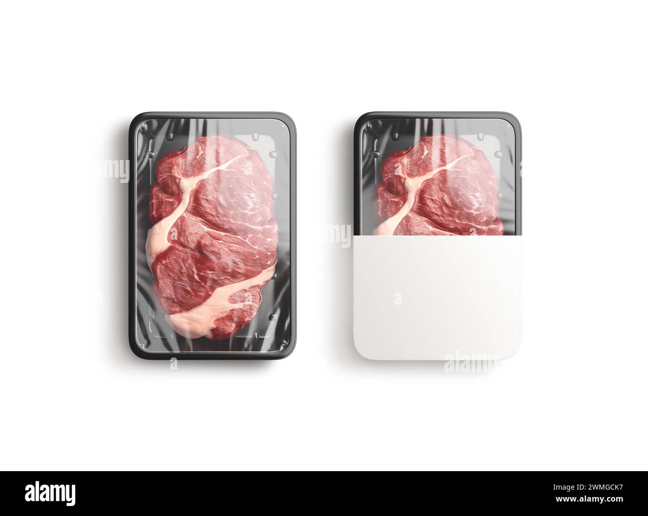Blank transparent plastic beef tray with white label mockup, isolated ...