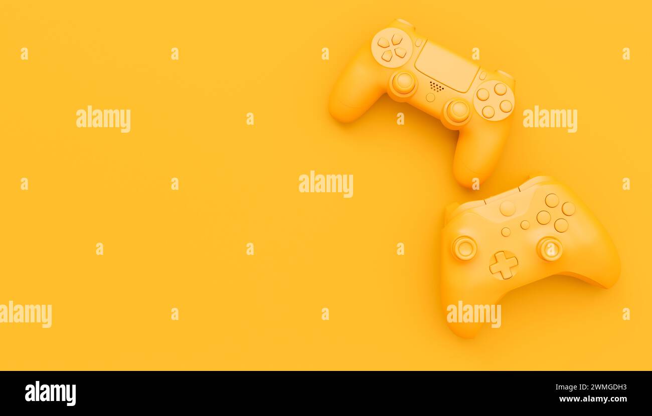 Video game joysticks or gamepads in plain monochrome yellow color ...