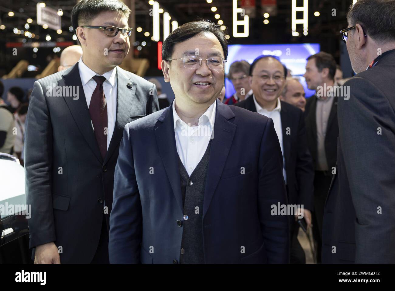 Wang Chuanfu, center, chairman and CEO of BYD, attends the press day at ...